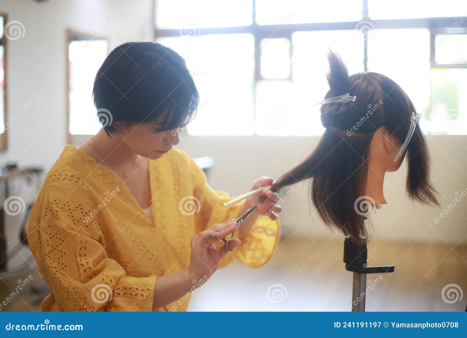 Hairdresser Practicing Hair Cutting Stock Image - Image of model ...
