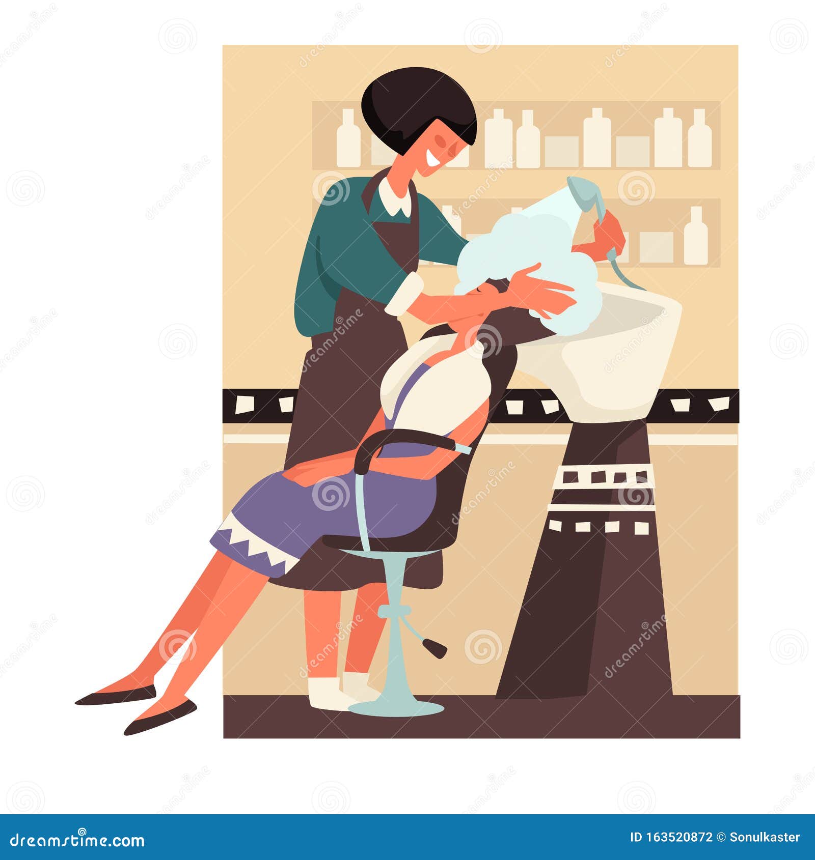 Hairdresser Washing Hair To Girl Client In Beauty Salon Vector