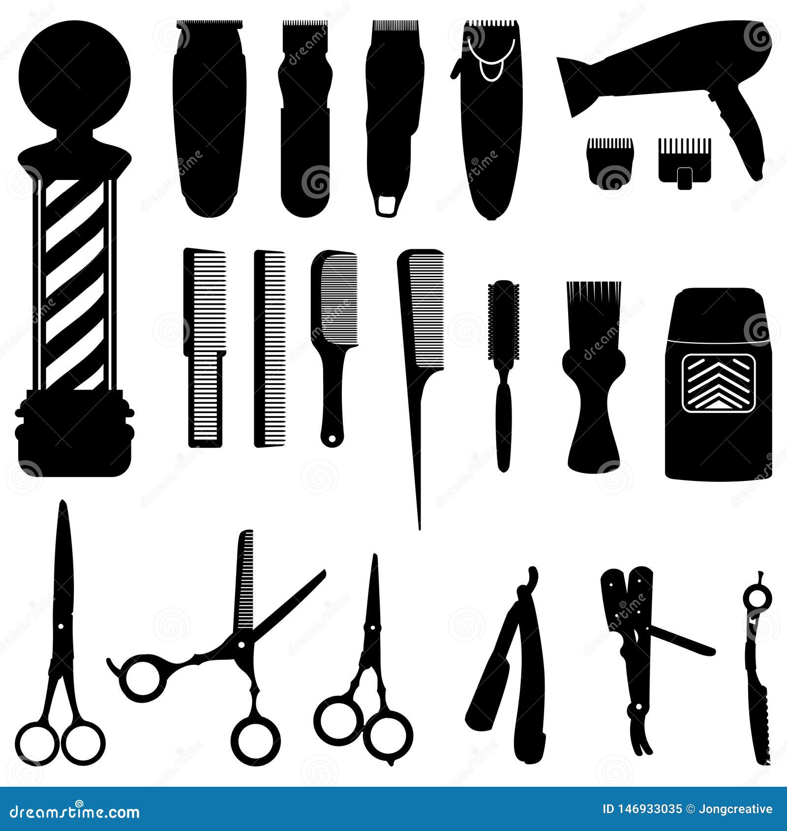 Hairdressing and Barber Shop Tools Silhouette Collection Stock Vector ...