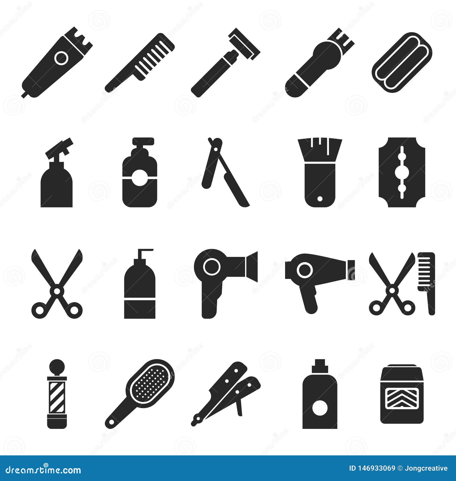 Hairdressing and Barber Shop Tools Silhouette Collection Stock Vector ...