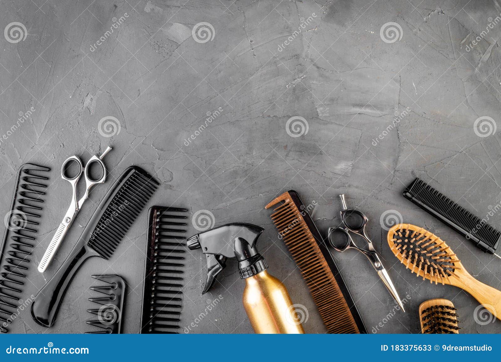 Hairdressing Instruments. Combs, Scissors on Grey Table Top View Frame ...