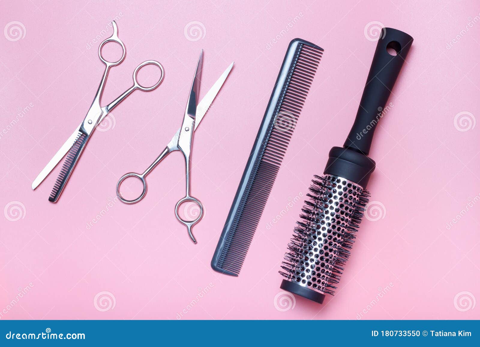 Hairdressing Scissors, Comb And Brushing On Pink Background, A View ...