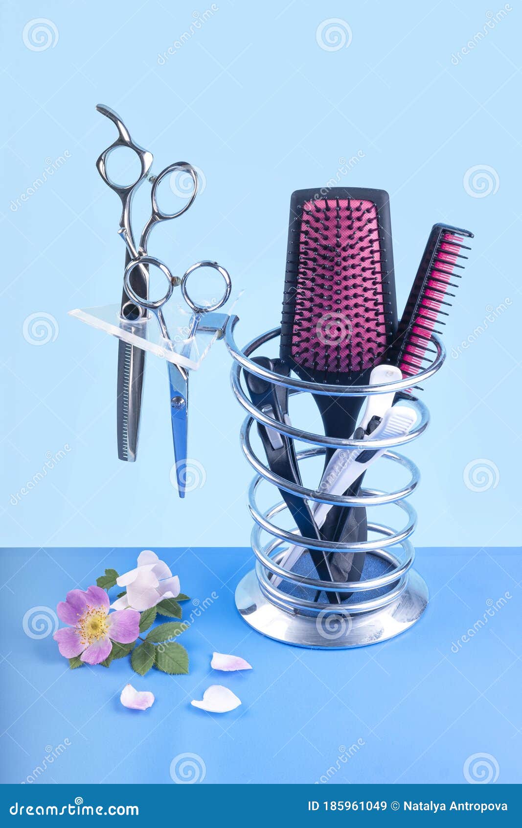 Hairdressing Set of Scissors and Brushes on a Blue Background Stock ...