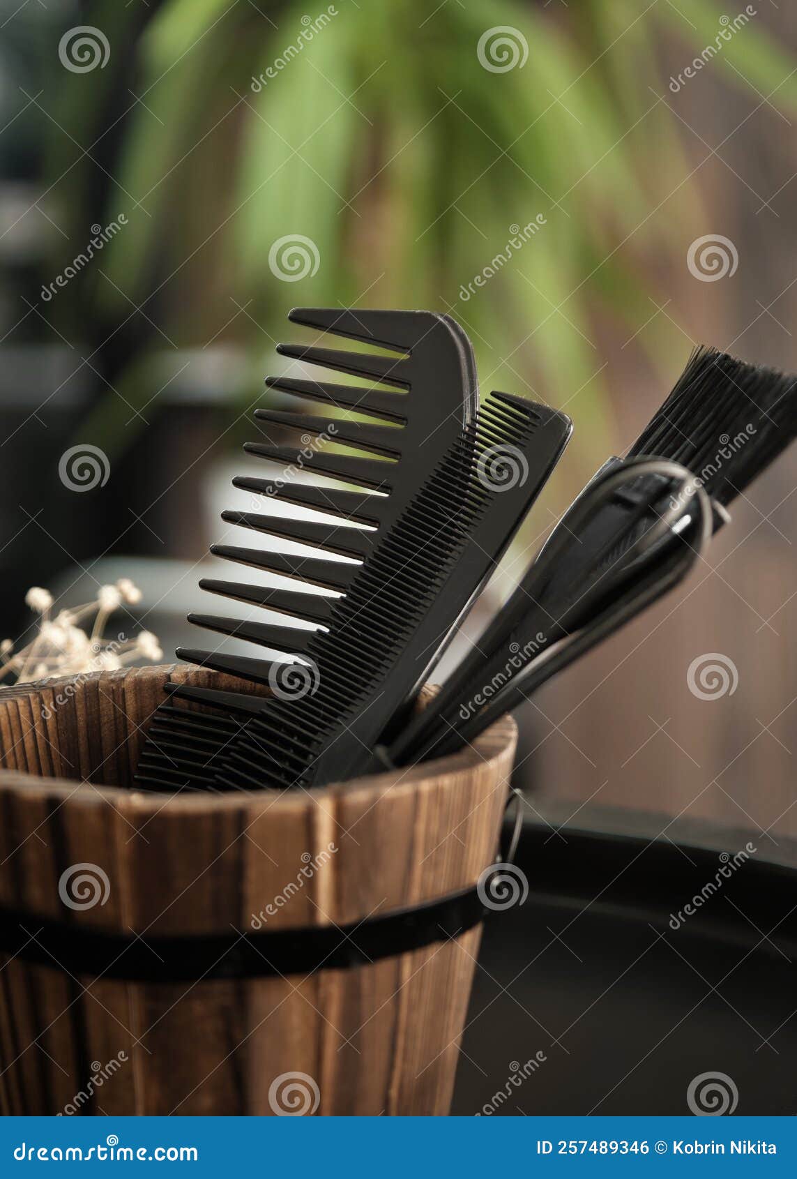 Hairdressing Tools Combs Close-up in a Wooden Vase Stock Photo - Image ...