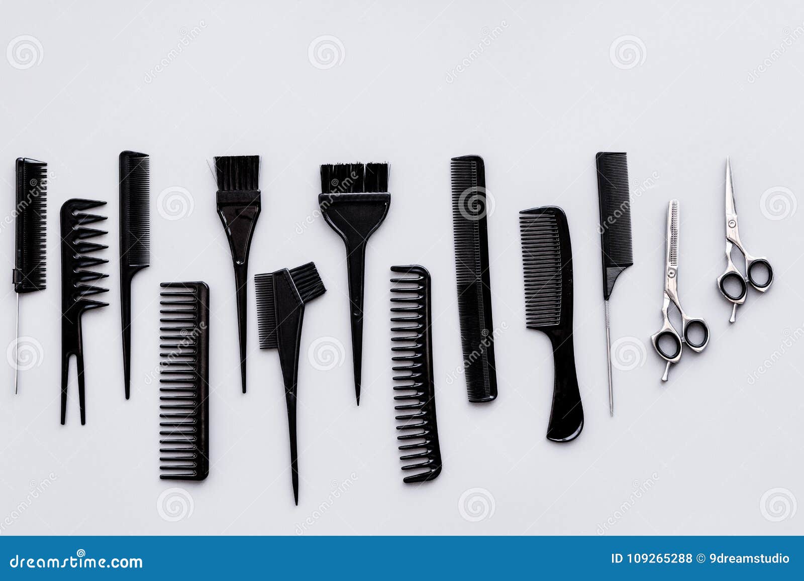 Hairdressing Tools. Pattern with Various Combs and Brushes on Grey ...