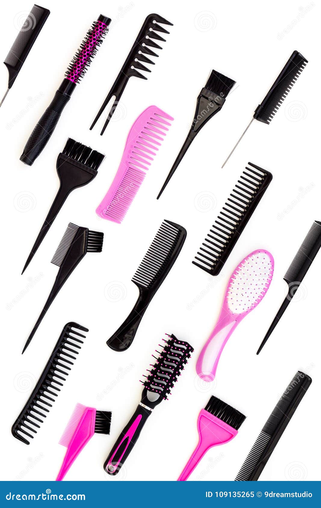 Hairdressing Tools. Pattern with Various Combs and Brushes on White ...