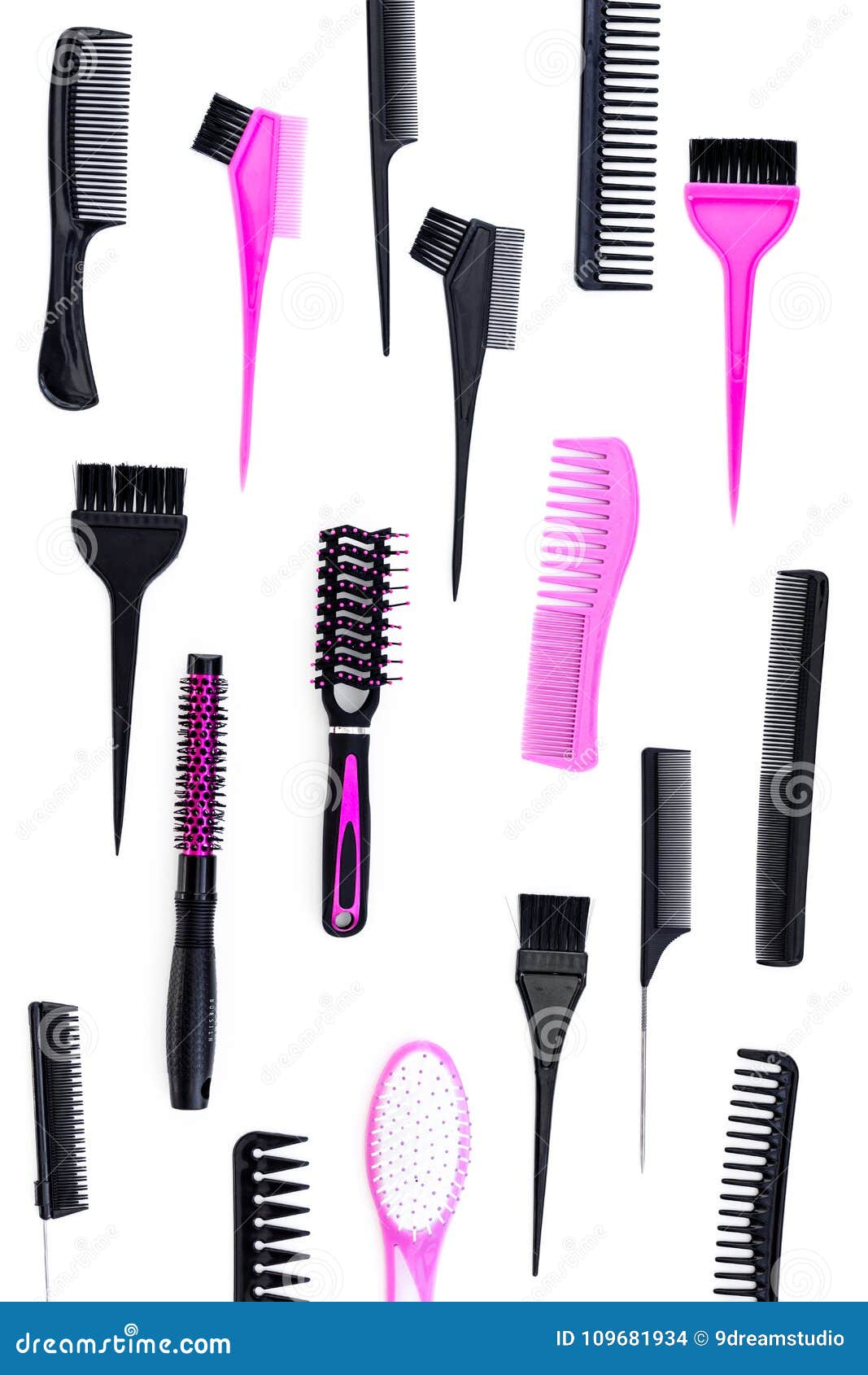 Hairdressing Tools. Pattern with Various Combs and Brushes on White ...
