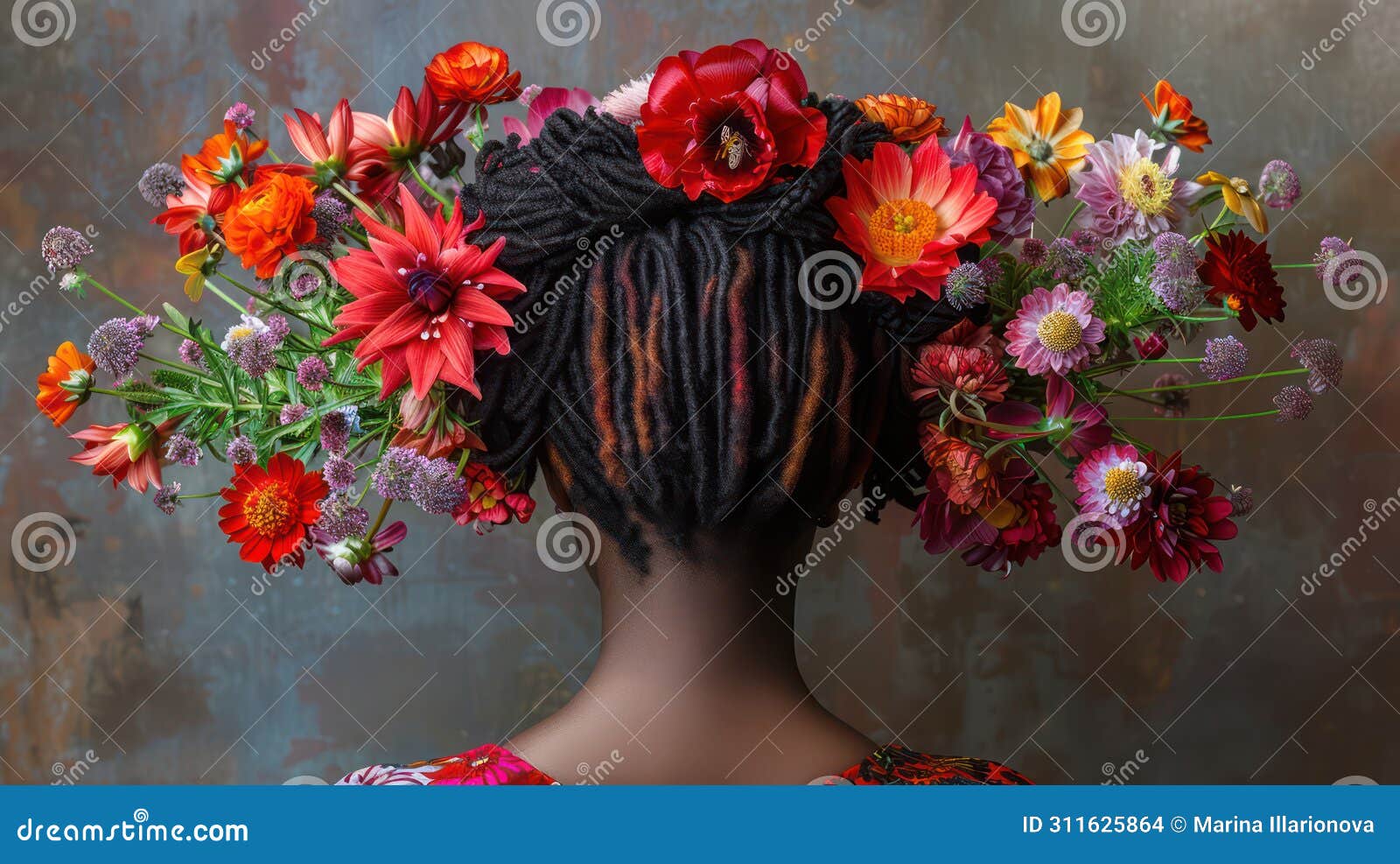 Hairstyle with Flowers and Dreadlocks, Dark-skinned Bride or Model ...