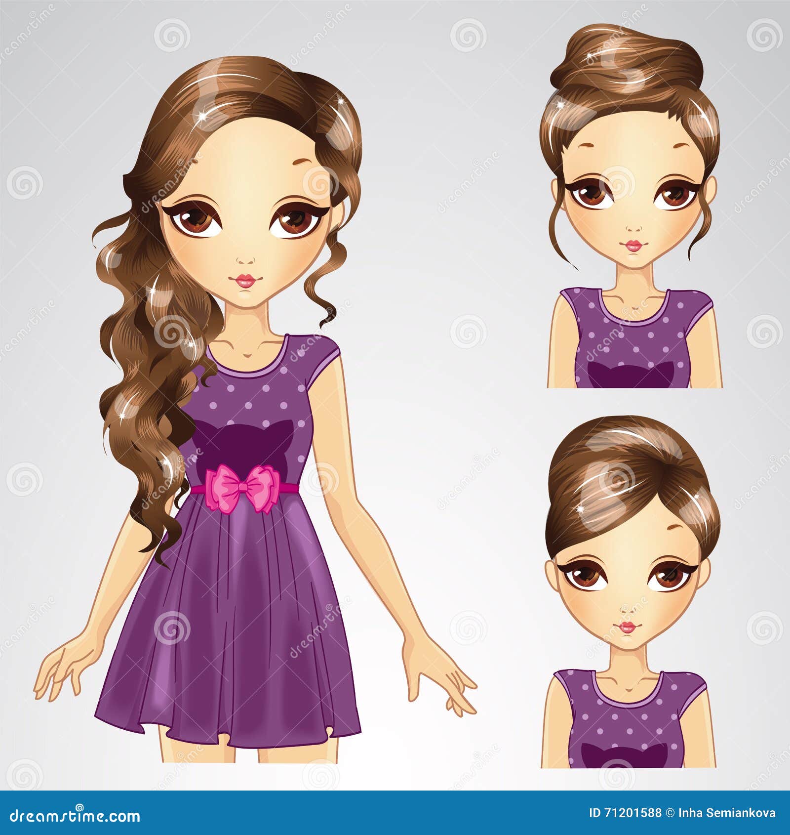 Hairstyle Set Of Girl In Purple Dress Stock Vector Illustration Of
