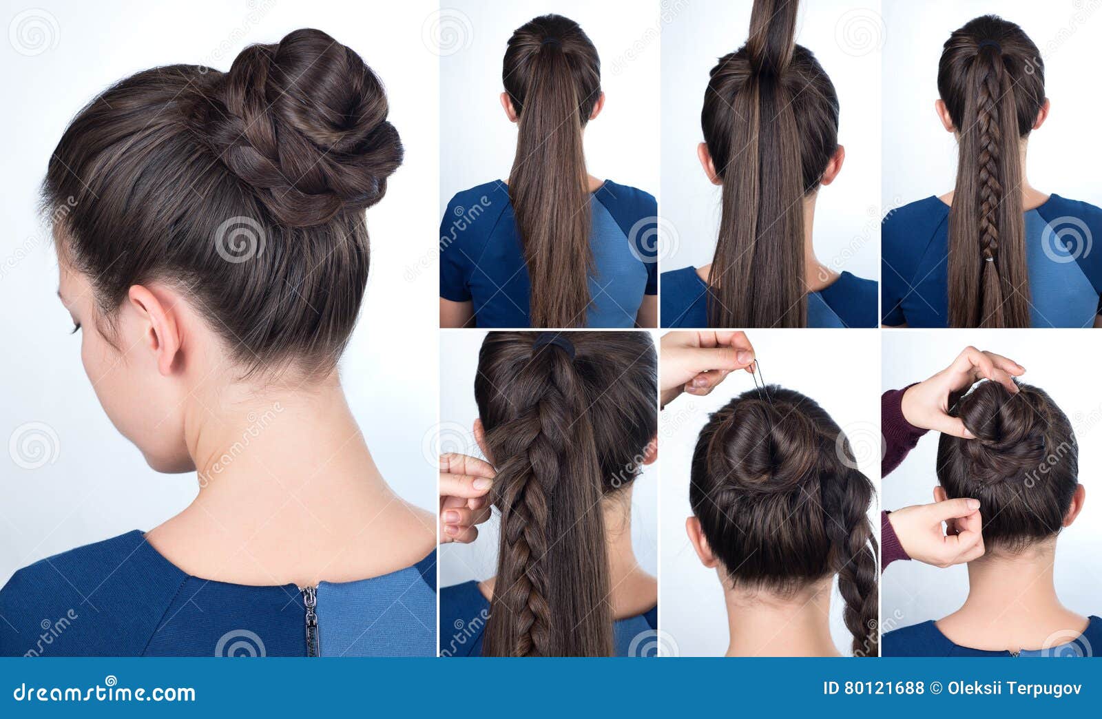 Hairstyle Tutorial Bun with Plait Stock Photo - Image of styling ...