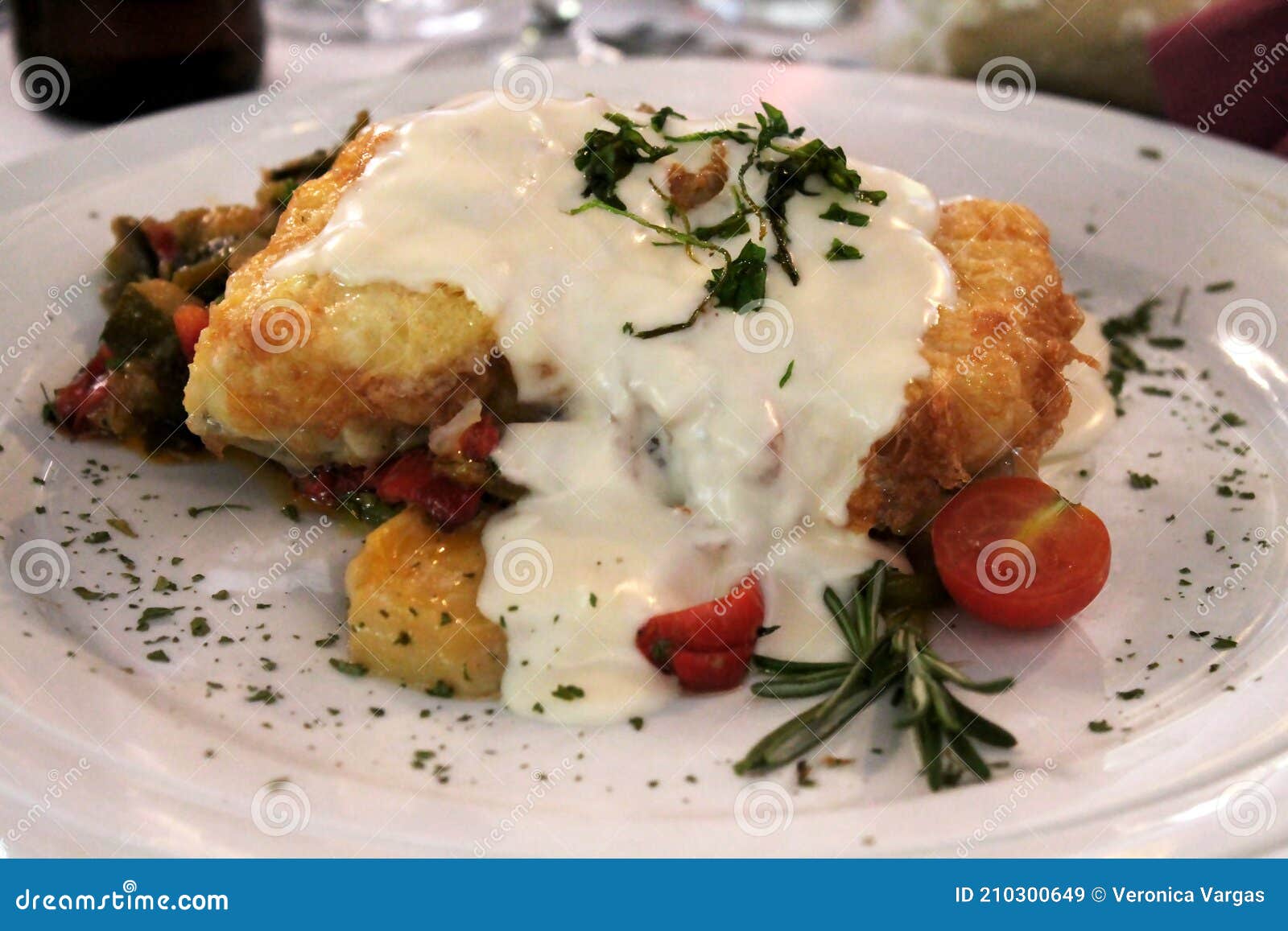 Hake Battered with Vegetables and Sauce Stock Image - Image of cherry ...