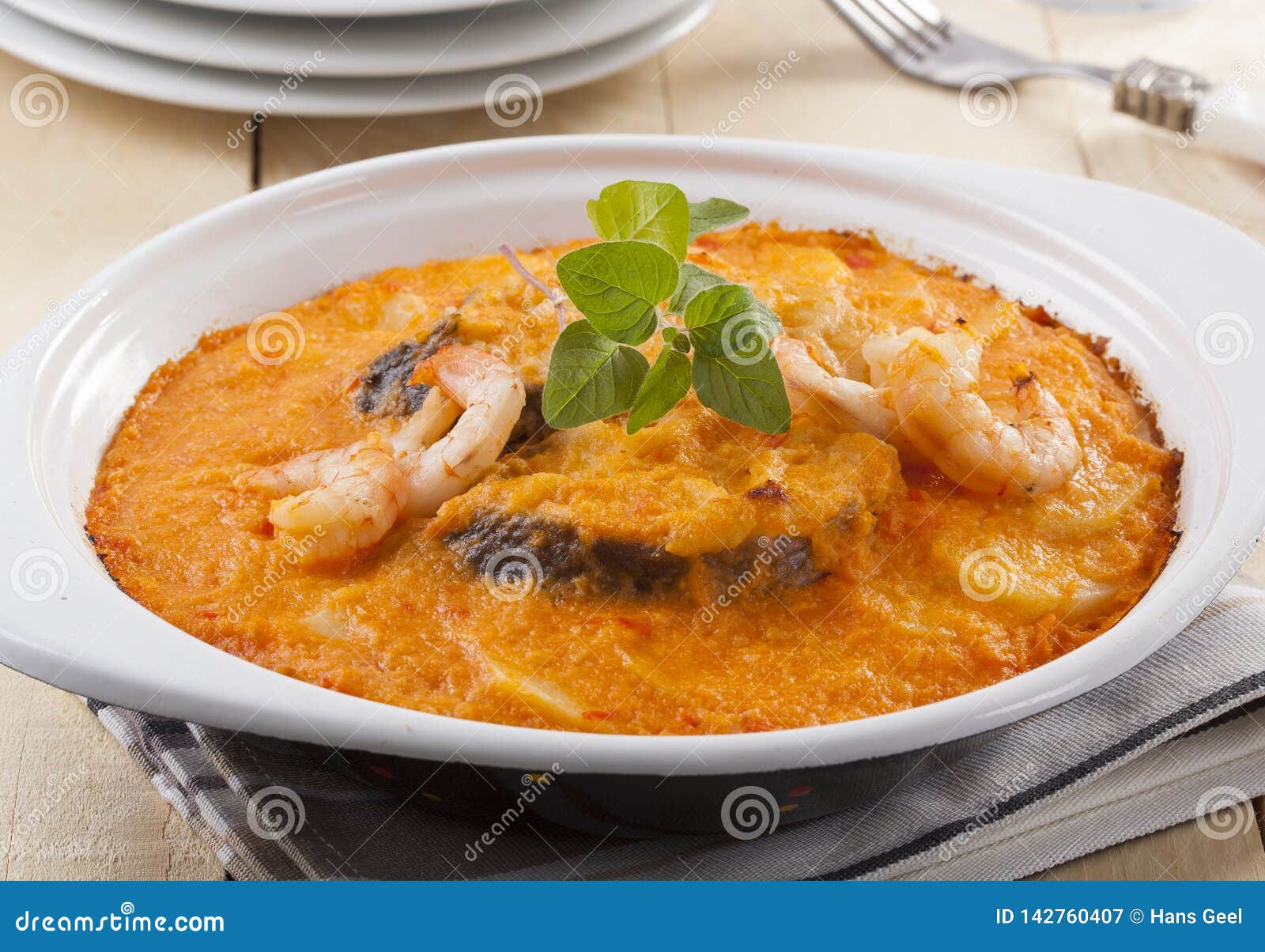 Hake Dish with Sauce and Shrimps Stock Image - Image of chips, lemon ...