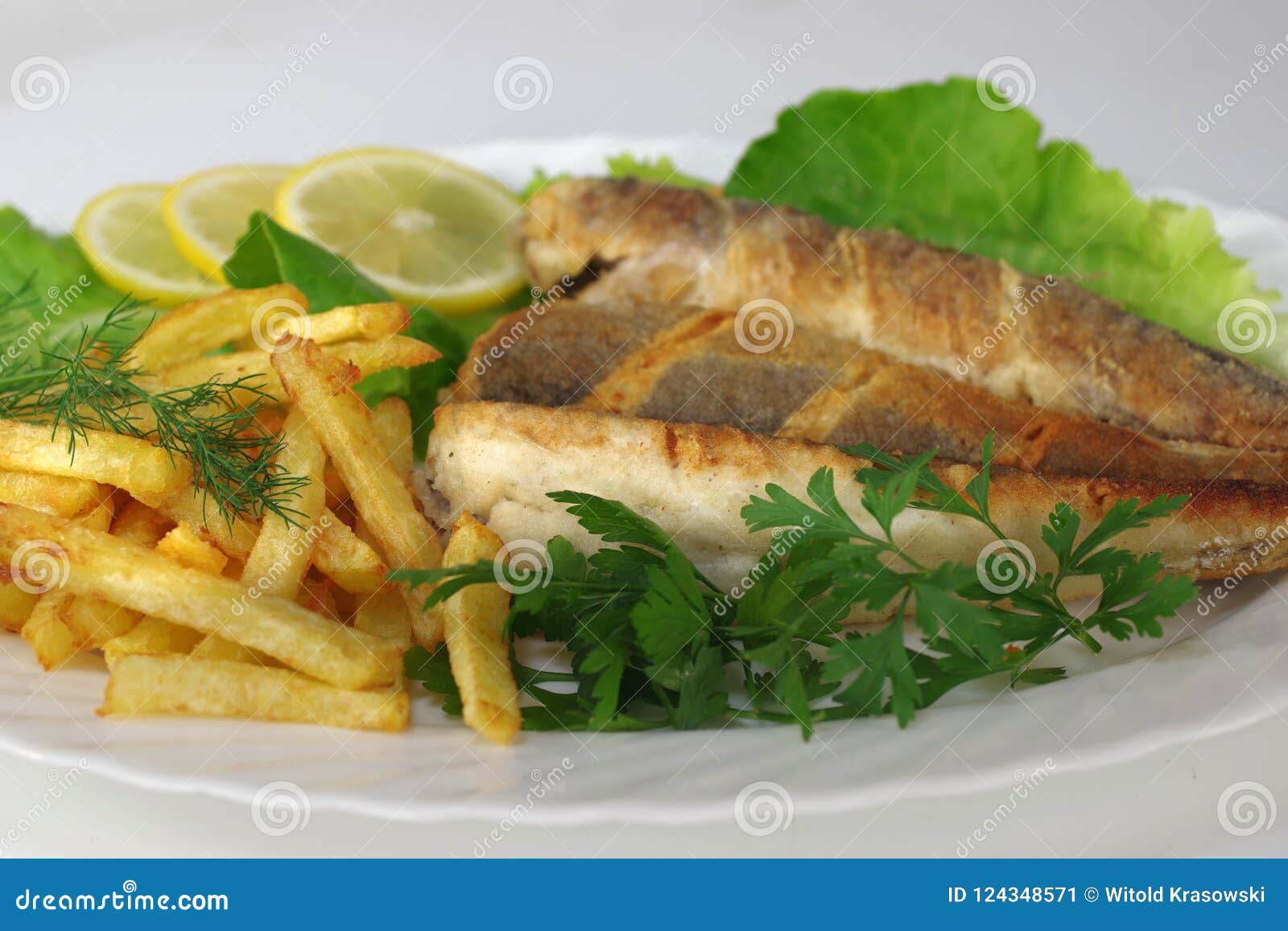 Hake fish on plate stock image. Image of plate, salad - 124348571