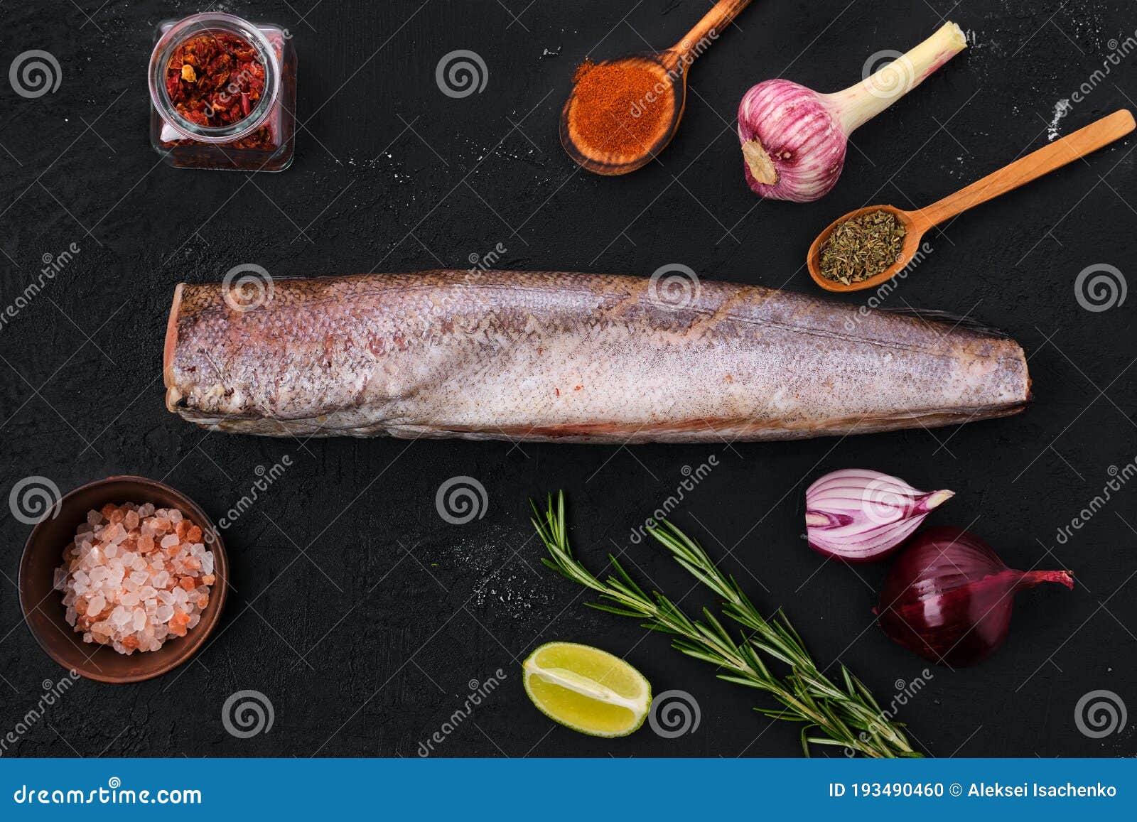 Hake with Spice on Black Background Stock Photo - Image of hake ...