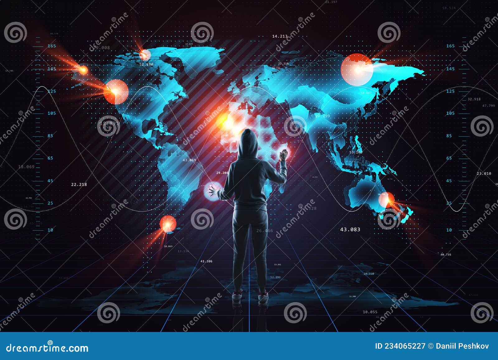 Haker Using Creative Glowing Map Hologram On Background. Technology ...
