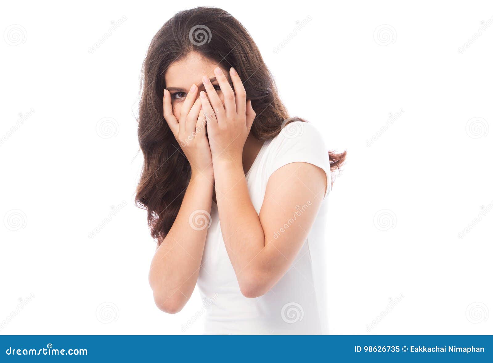 Half Asian Woman Shy on White Background Stock Image - Image of ...