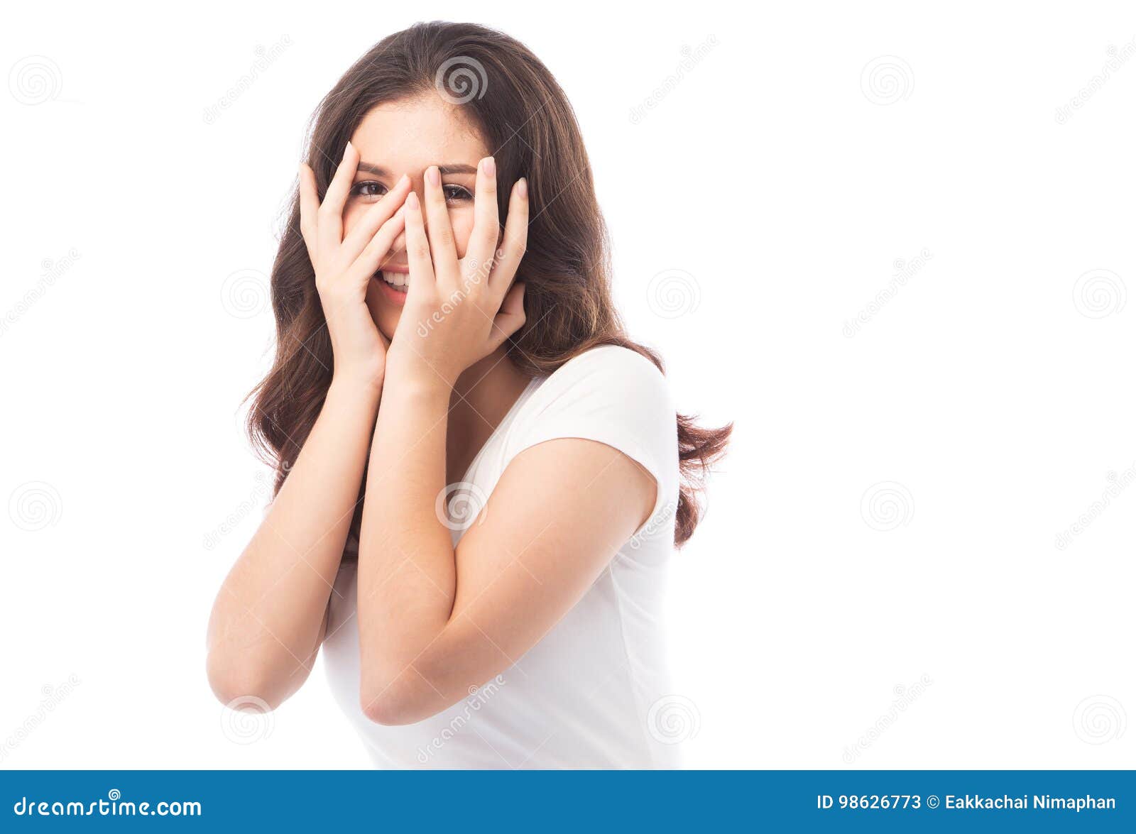 Half Asian Woman Shy on White Background Stock Image - Image of ...