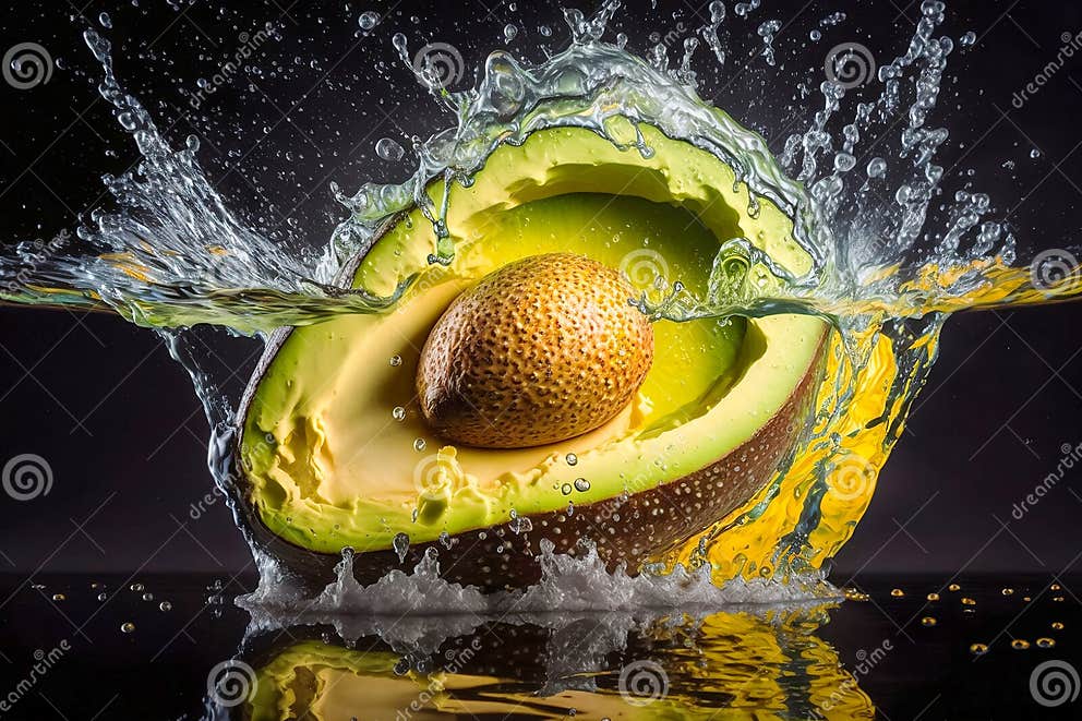 Half Of An Avocado With A Pit Falls Into Clear Water Splash Around Close Up Of Fruit In Water