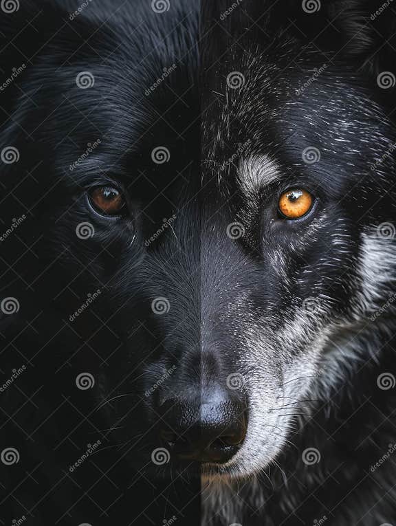 Half Black Labrador Dog Face on Left and Half Elderly Black Wolf on the ...