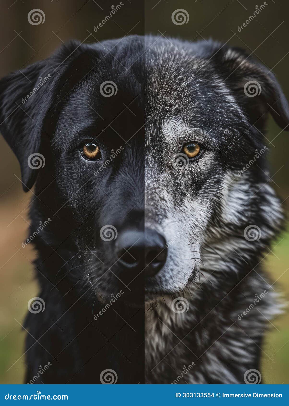 Half Black Labrador Dog Face on Left and Half Elderly Black Wolf on the ...