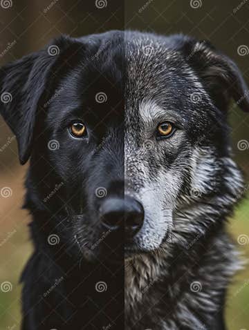 Half Black Labrador Dog Face on Left and Half Elderly Black Wolf on the ...