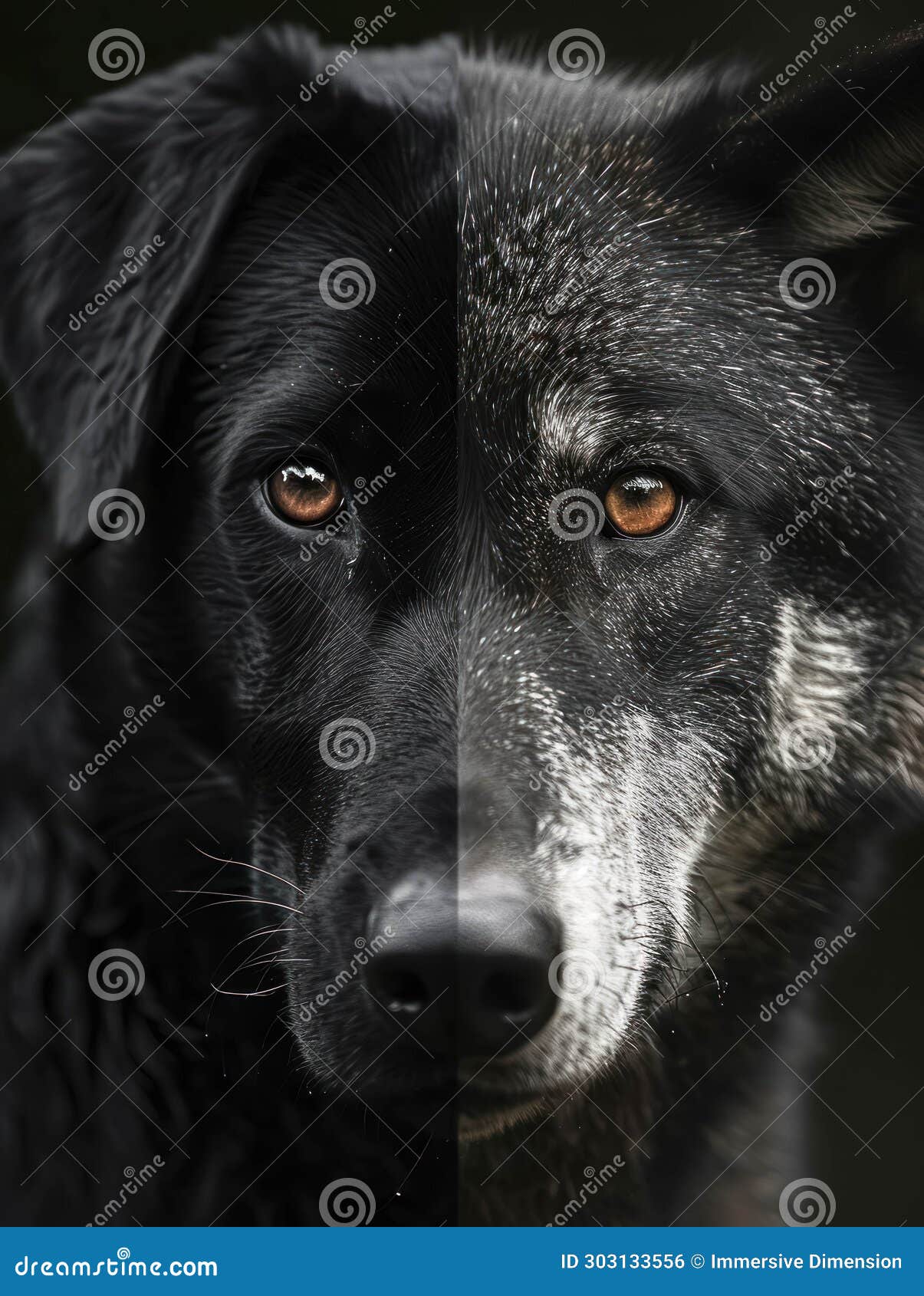 Half Black Labrador Dog Face on Left and Half Elderly Black Wolf on the ...