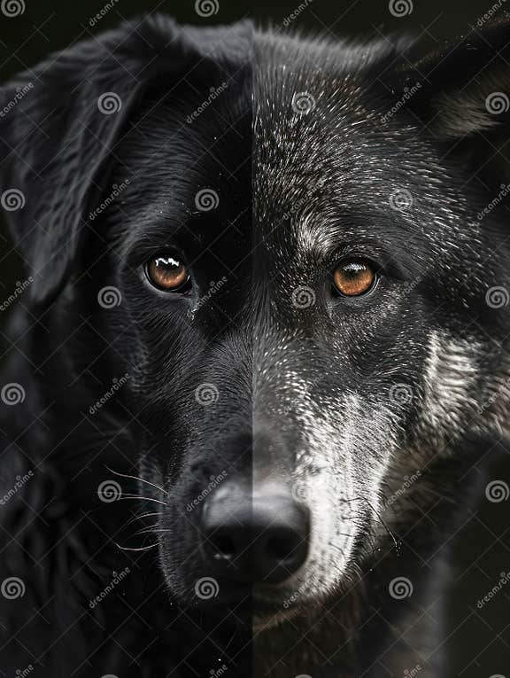 Half Black Labrador Dog Face on Left and Half Elderly Black Wolf on the ...