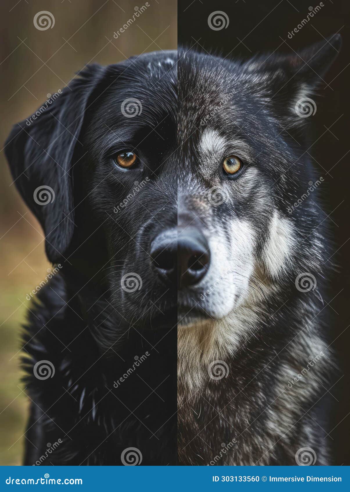 Half Black Labrador Dog Face on Left and Half Elderly Black Wolf on the ...