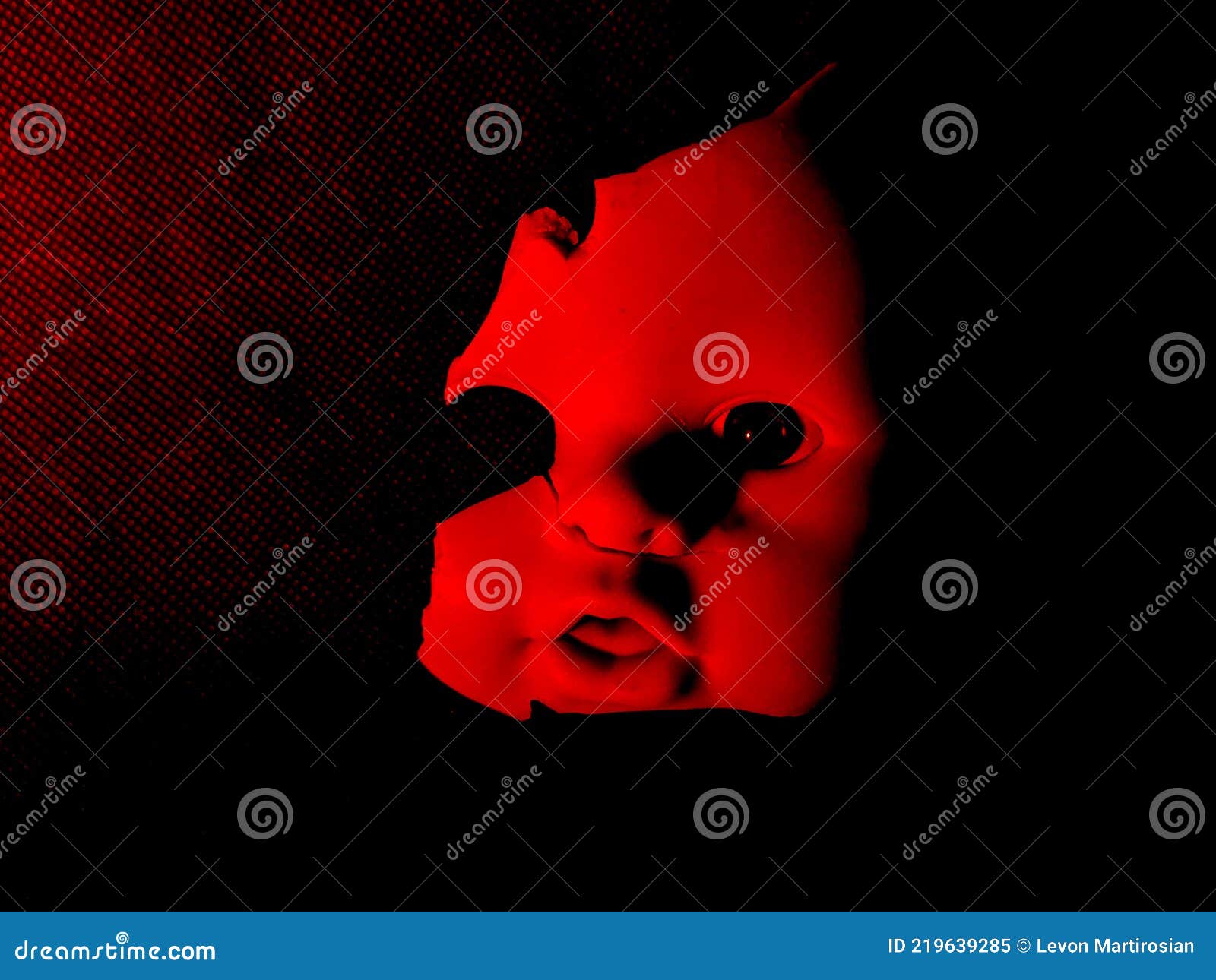 Half Broken Doll Face Under Red and Black Lighting Stock Image - Image ...