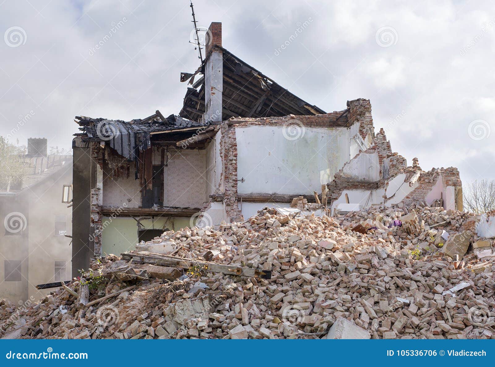 Half Collapsed Brick House Covered in Dust and Debris Stock Photo ...