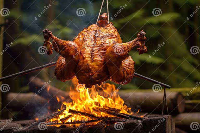 Half-cooked Chicken on a Spit, Rotating Above a Roaring Campfire Stock ...