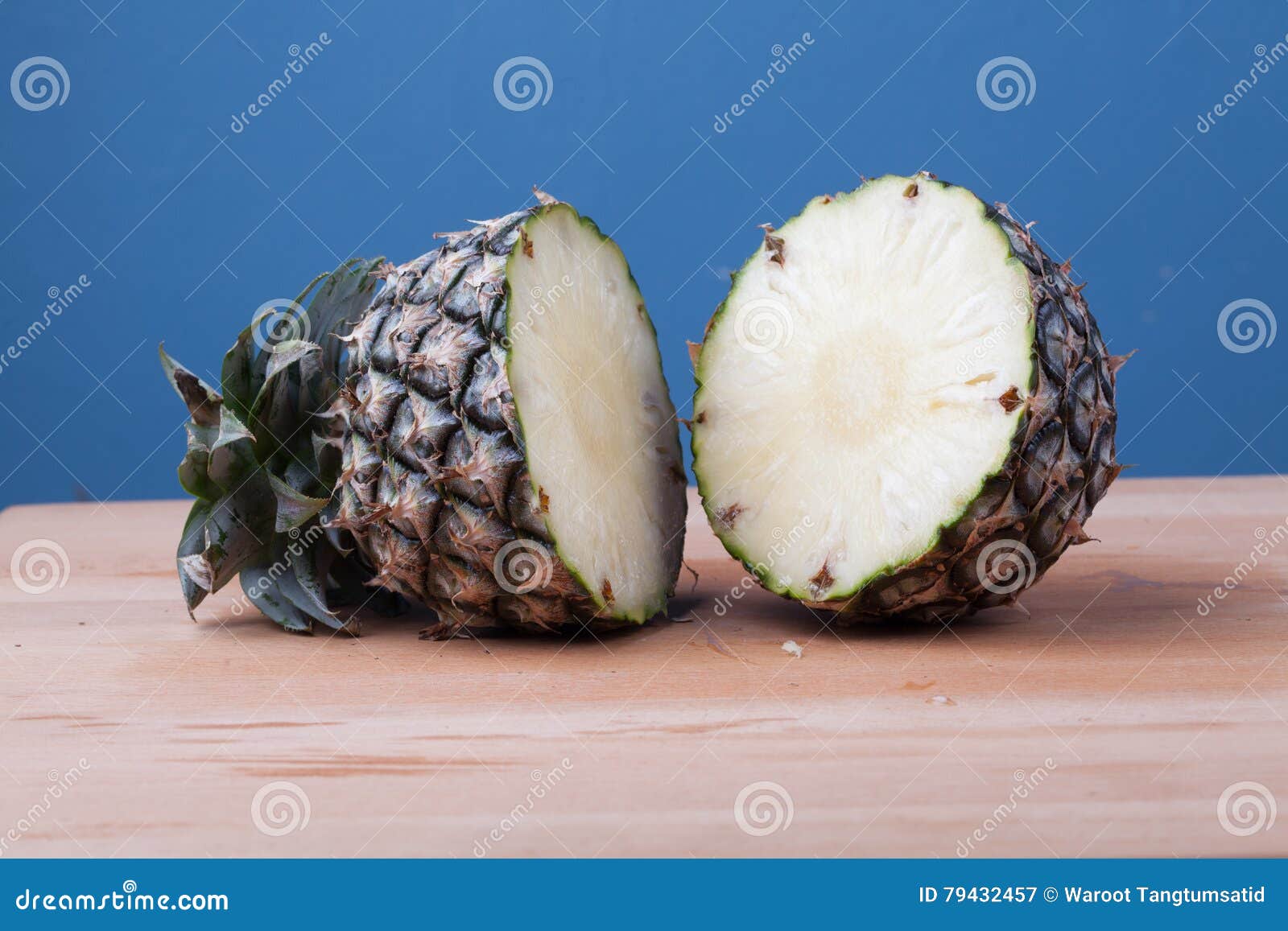 Half Cut of Pineapple on Wooden Table Stock Image - Image of nature ...
