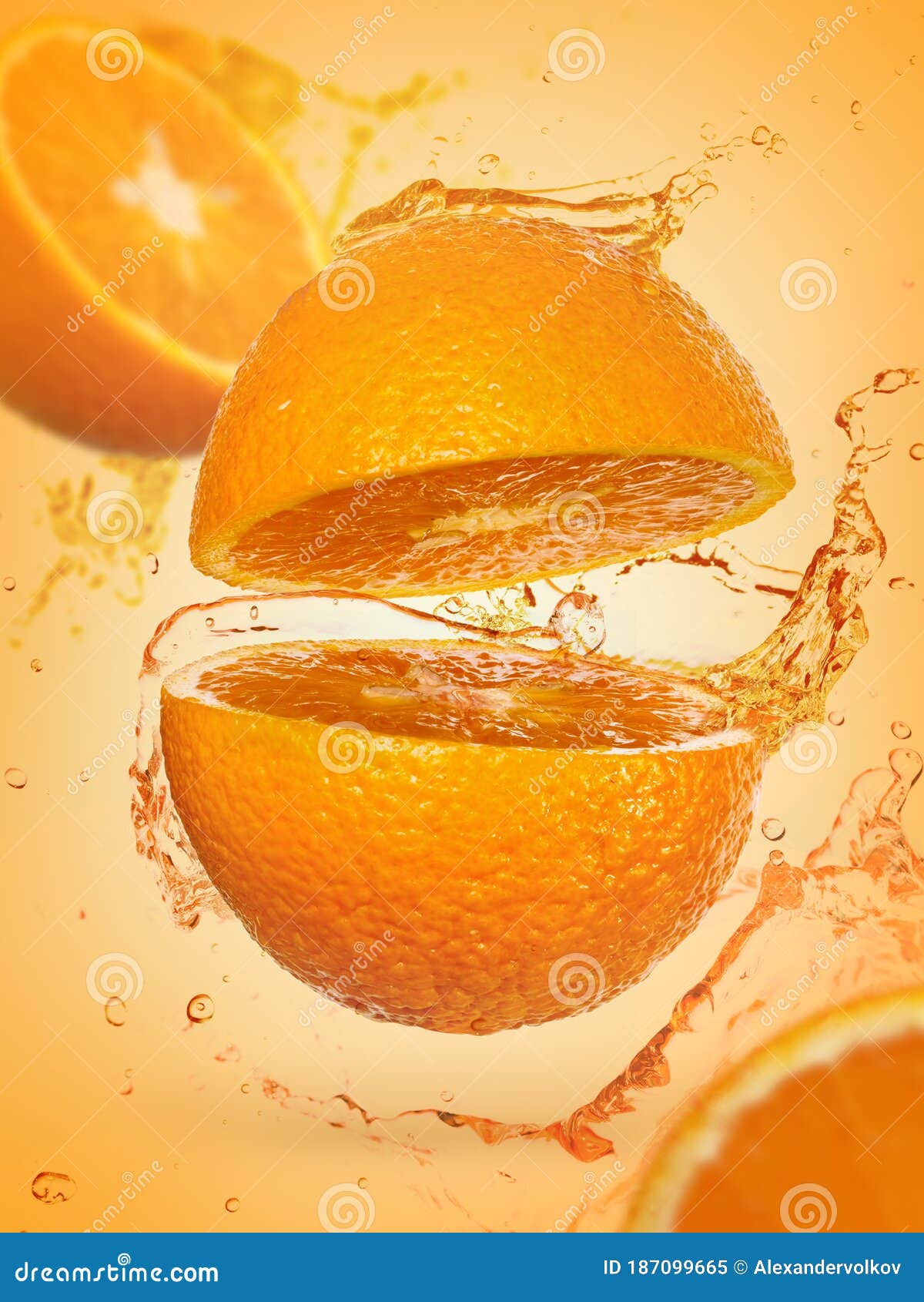 Half Cutted Flying Oranges with Juice Splashes on Orange Background ...