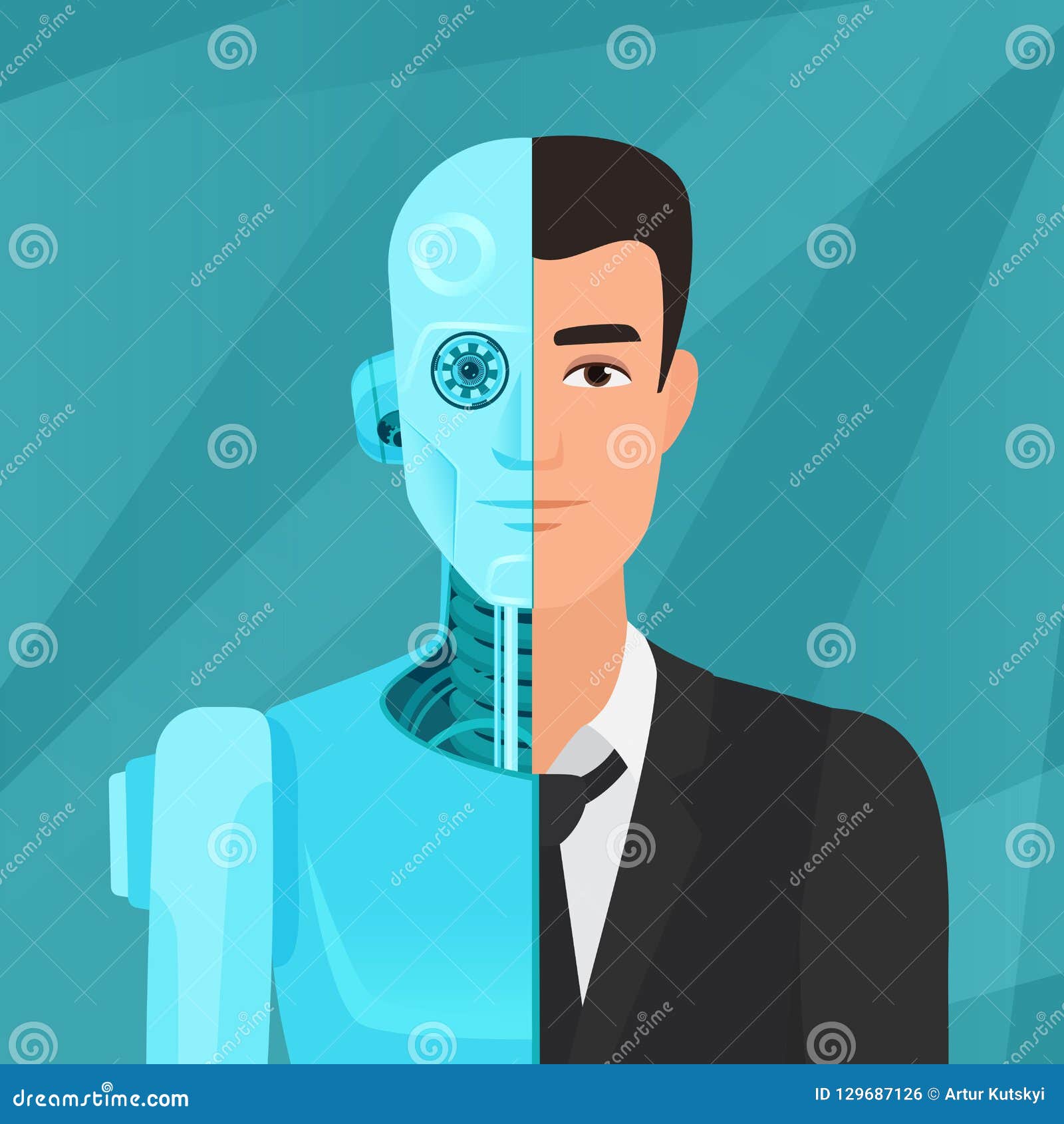 Half Cyborg, Half Human Man Businessman in Suit Vector Illustration ...