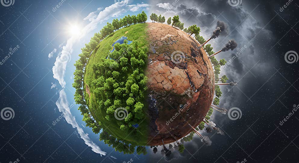 Half Destroyed and Half Preserved Planet Earth Environmental Contrast ...