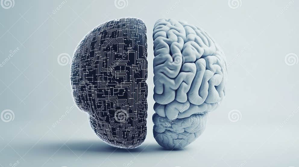 Half Digital Brain Merging with Biological Brain, Illustrating ...