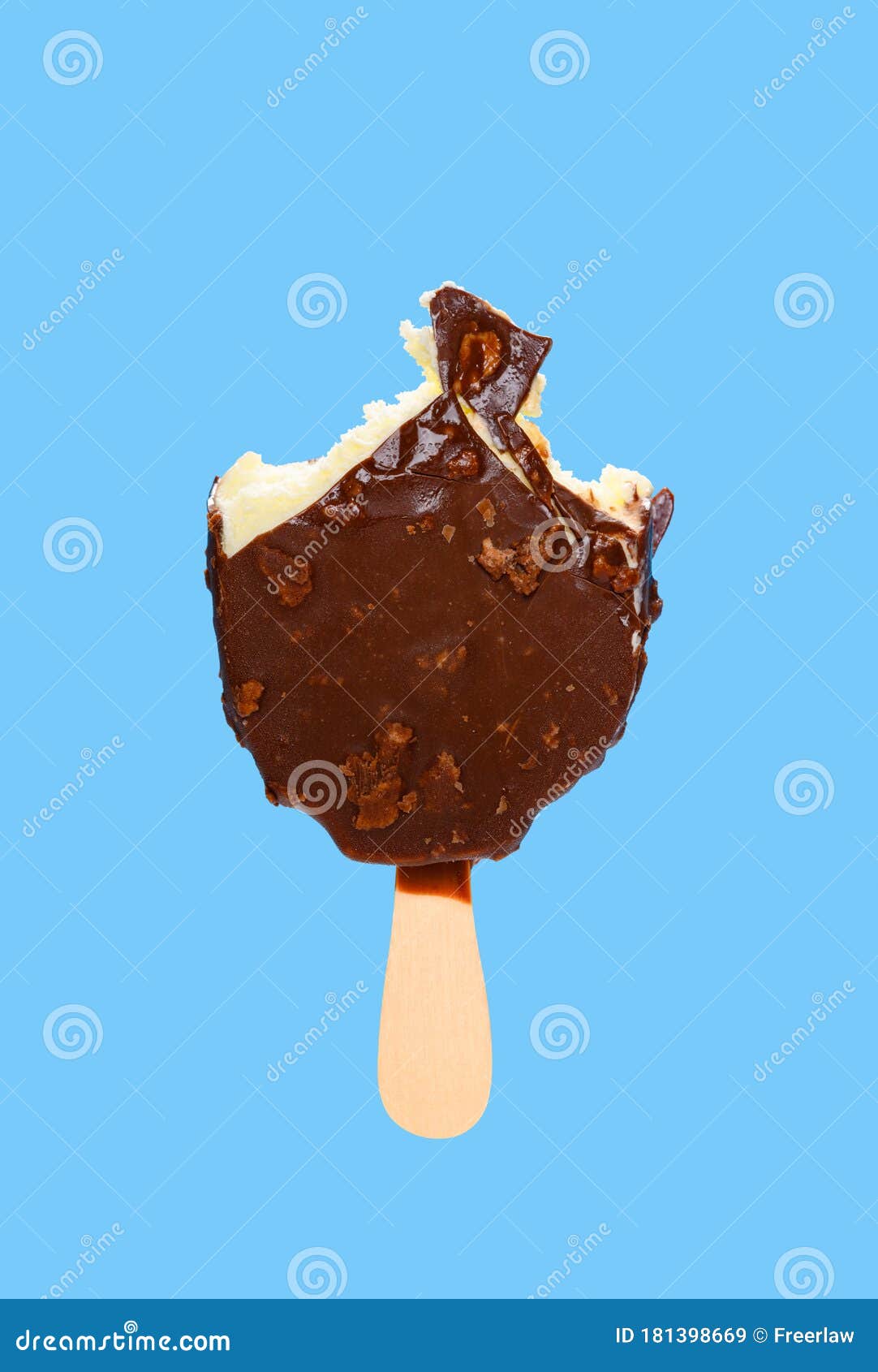 A Half Eaten Chocolate Outer Popsicle on Blue Background Stock Image ...
