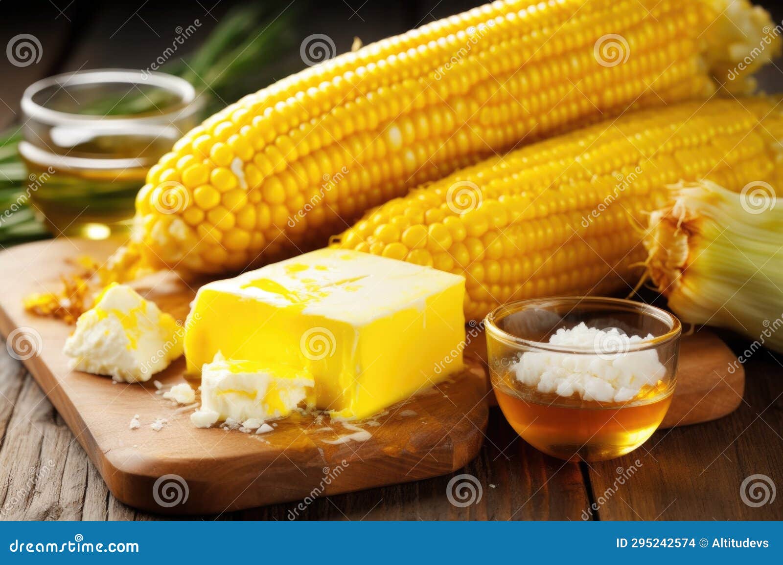 Half Eaten Corn on the Cob with Butter Glaze on a Board Stock Photo ...