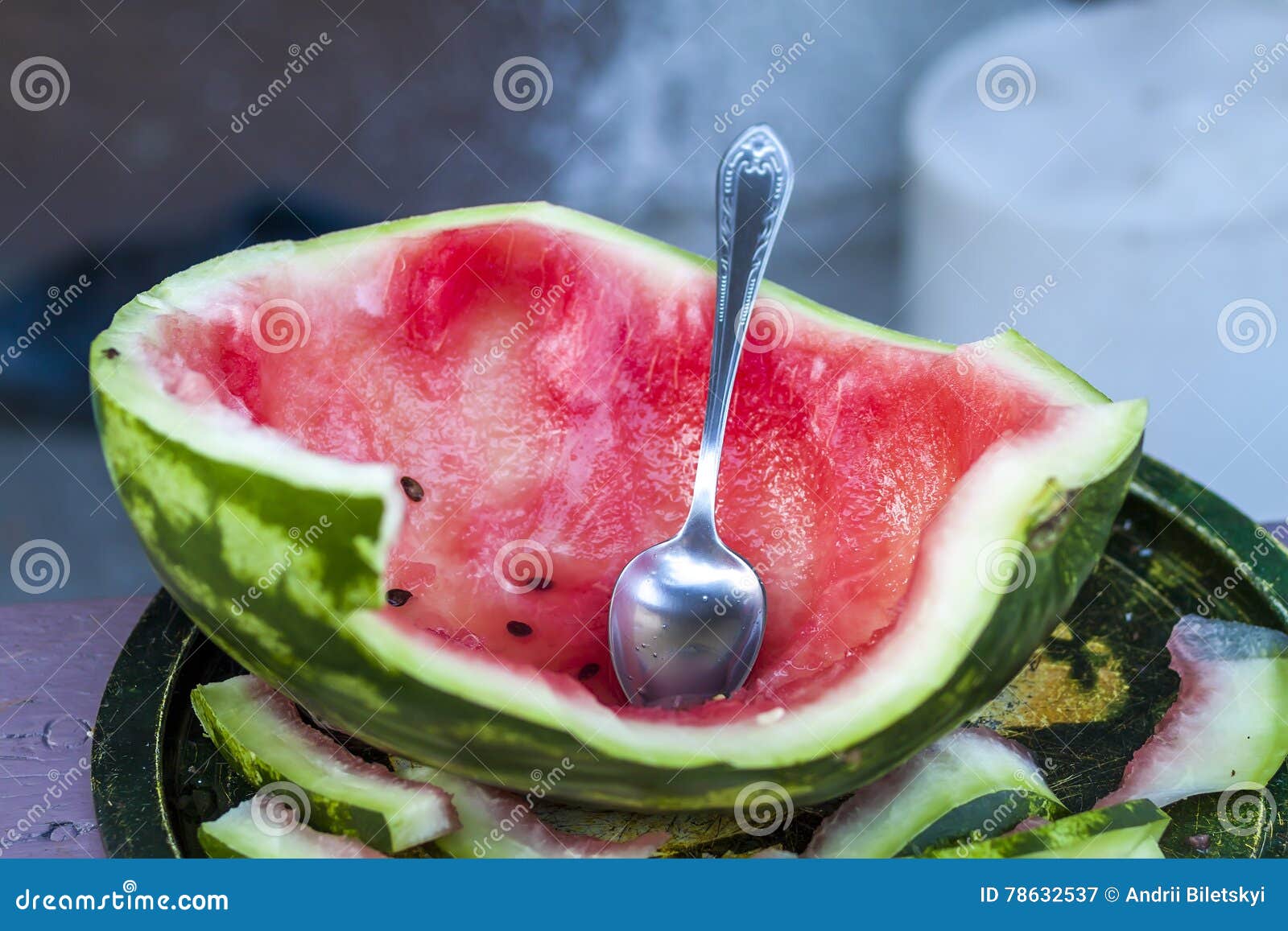 Half of Eaten Empty Watermelon with Spoon Inside Stock Image - Image of ...