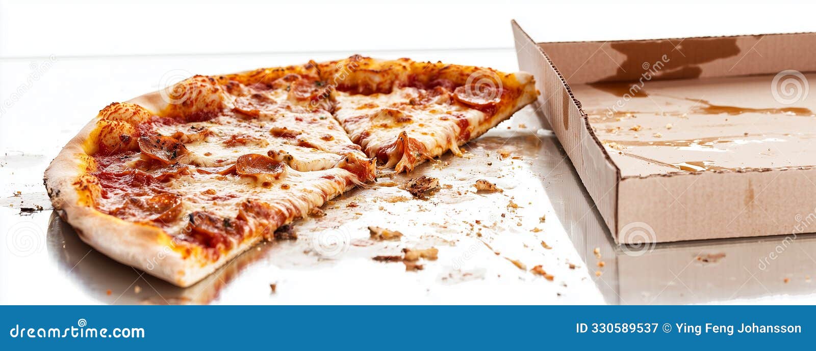 Half Eaten Pizza with Carton Box. Reflection, Messy Table Stock ...