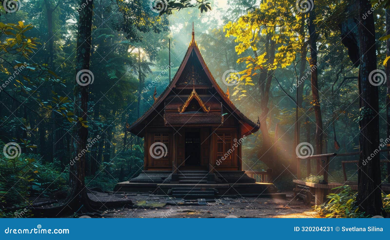 Half-Empty Wooden Temple Surrounded by Lush Forest Landscape Stock ...