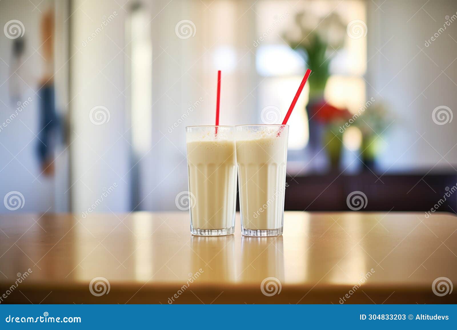 Half Full Vanilla Shake with Two Straws on a Date Night Table Stock ...