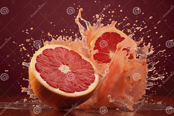Fresh Grapefruit Splash on Red Background Stock Photo - Image of ...