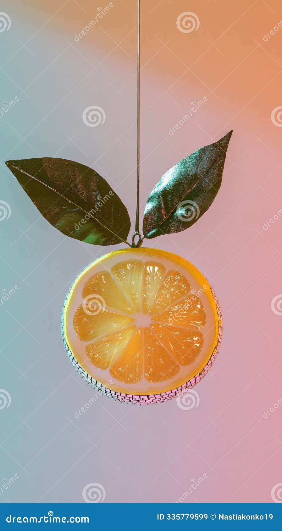 Half Lemon Disco Ball Hanging with Leaves, Colorful Lighting. Creative ...