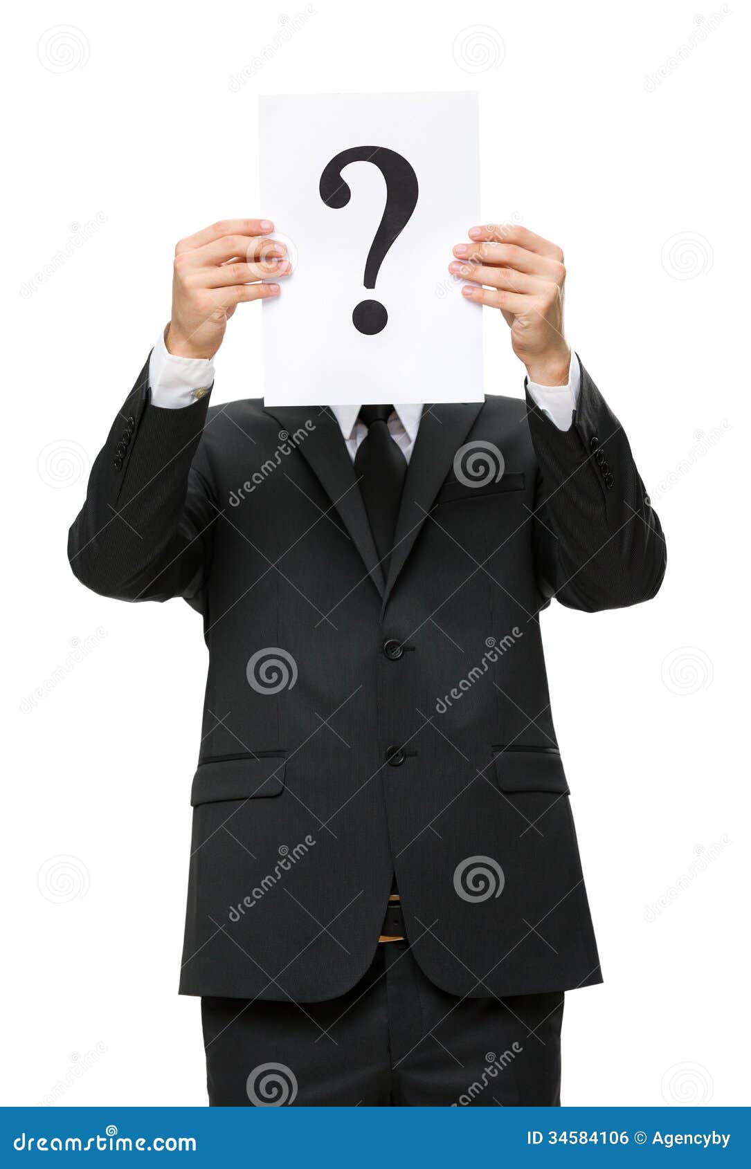 Half-length Portrait of Businessman with Question Mark in Front of Face ...
