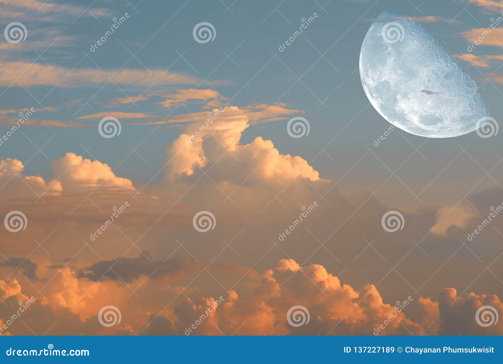 Half Moon Back on Silhouette Heap Cloud on Sunset Sky Stock Image ...