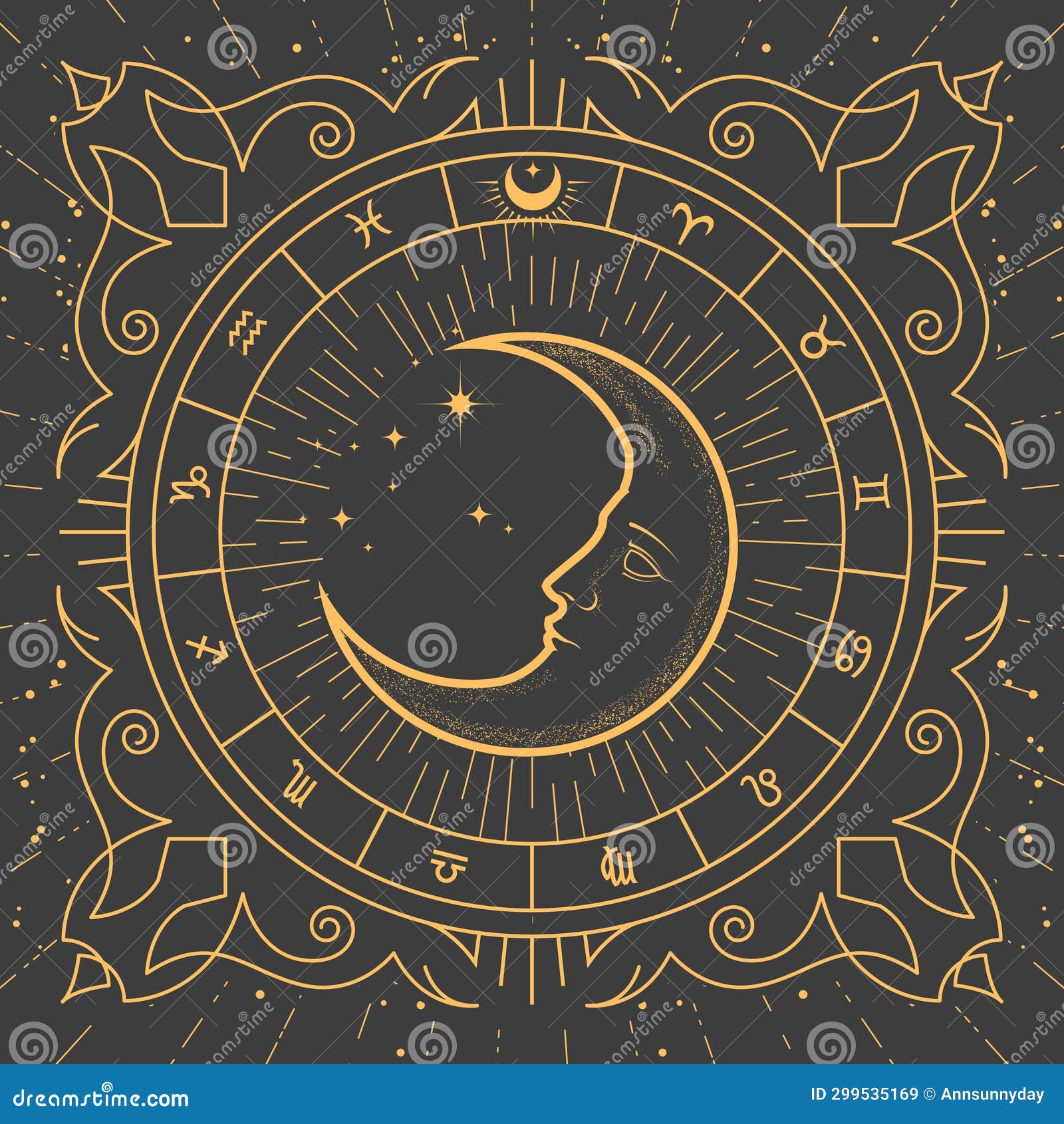 Half-moon Inside Ornamental Frame, Magic Crescent in Tarot Style ...