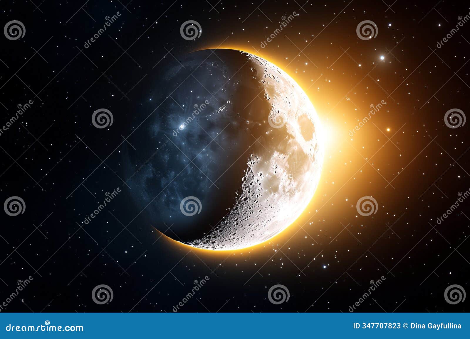 Half Moon Partially Illuminated by Sun in the Starry Sky Stock Image ...