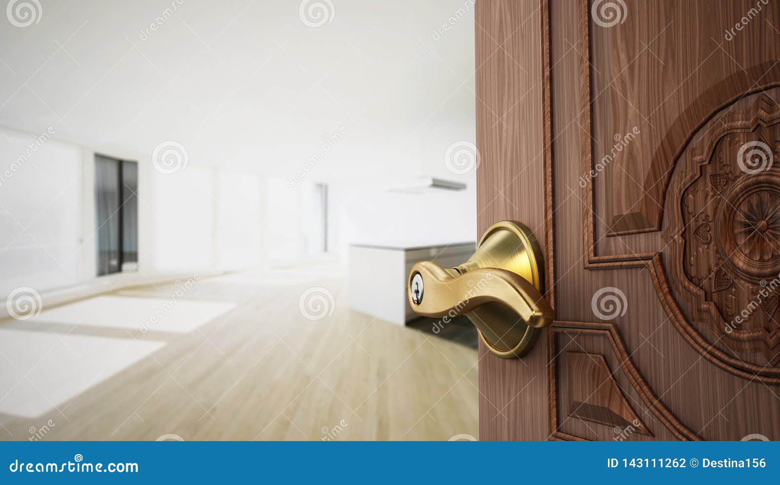 Half Open Apartment Door Opening To Empty Room. 3D Illustration Stock ...