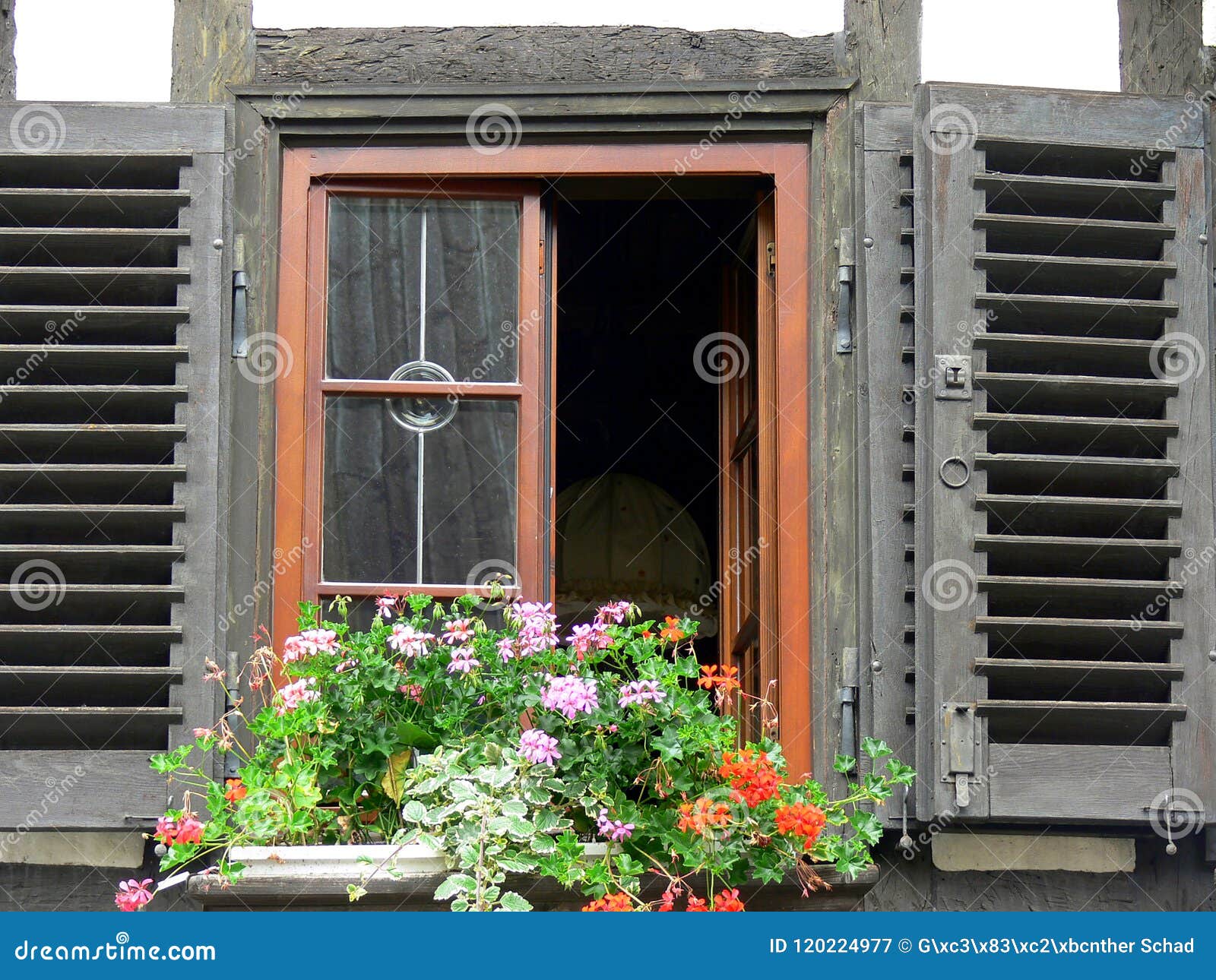 Old Window with Shutters and Flower Arrangements Stock Image - Image of ...